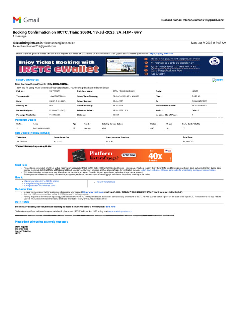 Gmail - Booking Confirmation On IRCTC, Train - 20504, 13-Jul-2025, 3A ...