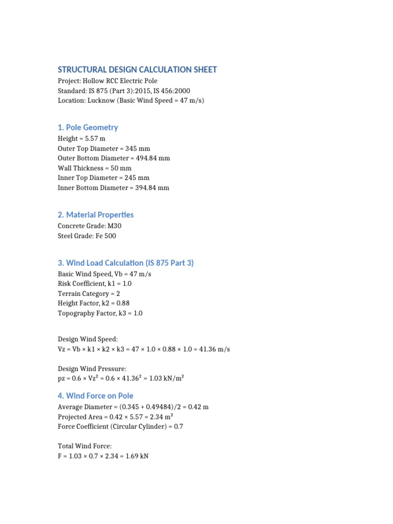 RCC Electric Pole Design Calculation Sheet | PDF