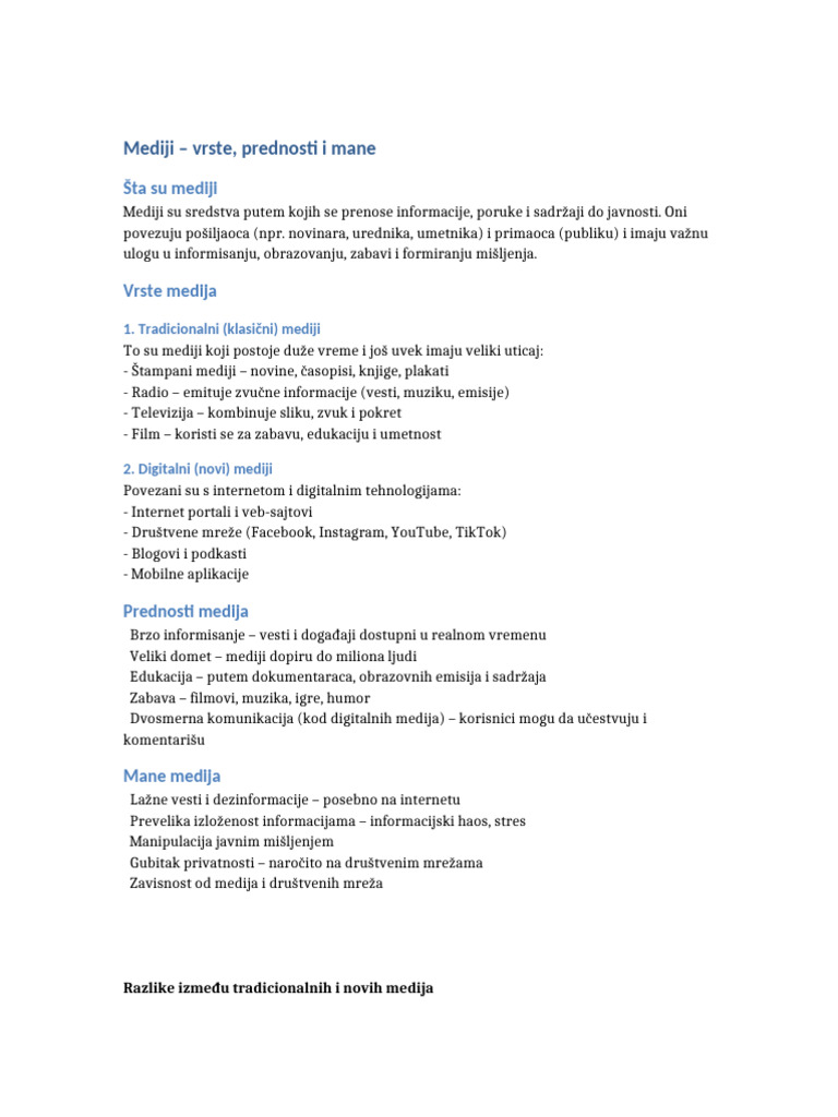 Mediji Vrste Prednosti Mane | PDF