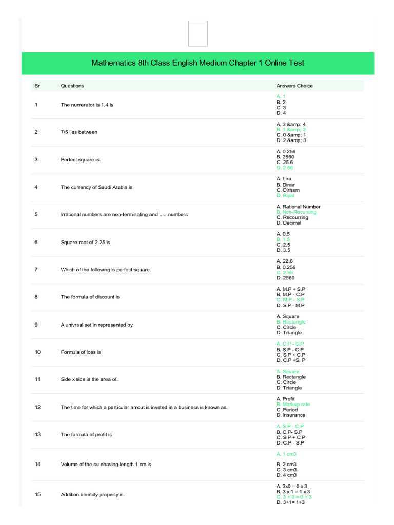 8th Grade Math Online Test Questions | PDF | Numbers | Area