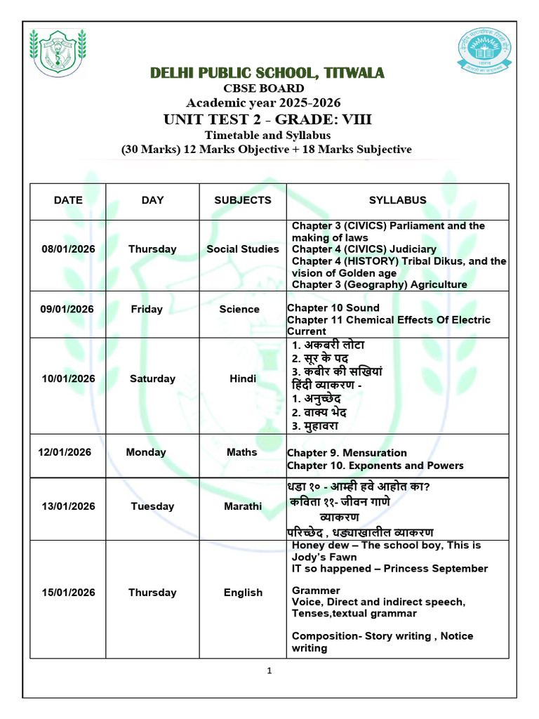 DPS Titwala Grade VIII Unit Test Timetable | PDF | Grammar | Linguistics
