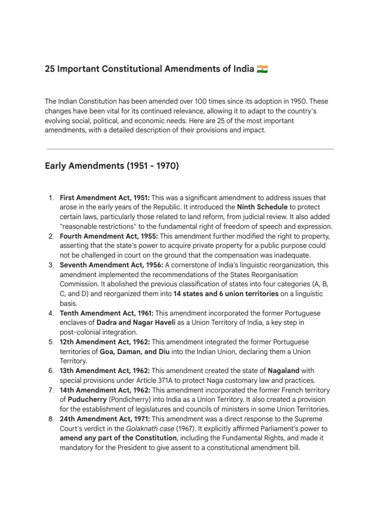 Key 25 Constitutional Amendments of India | PDF | Constitutional Law ...