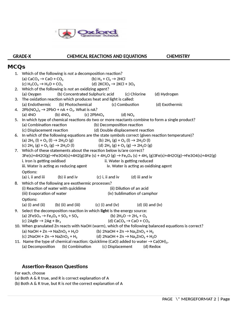 10th Chemical Equations and Reactions Worksheet | PDF | Chemical ...