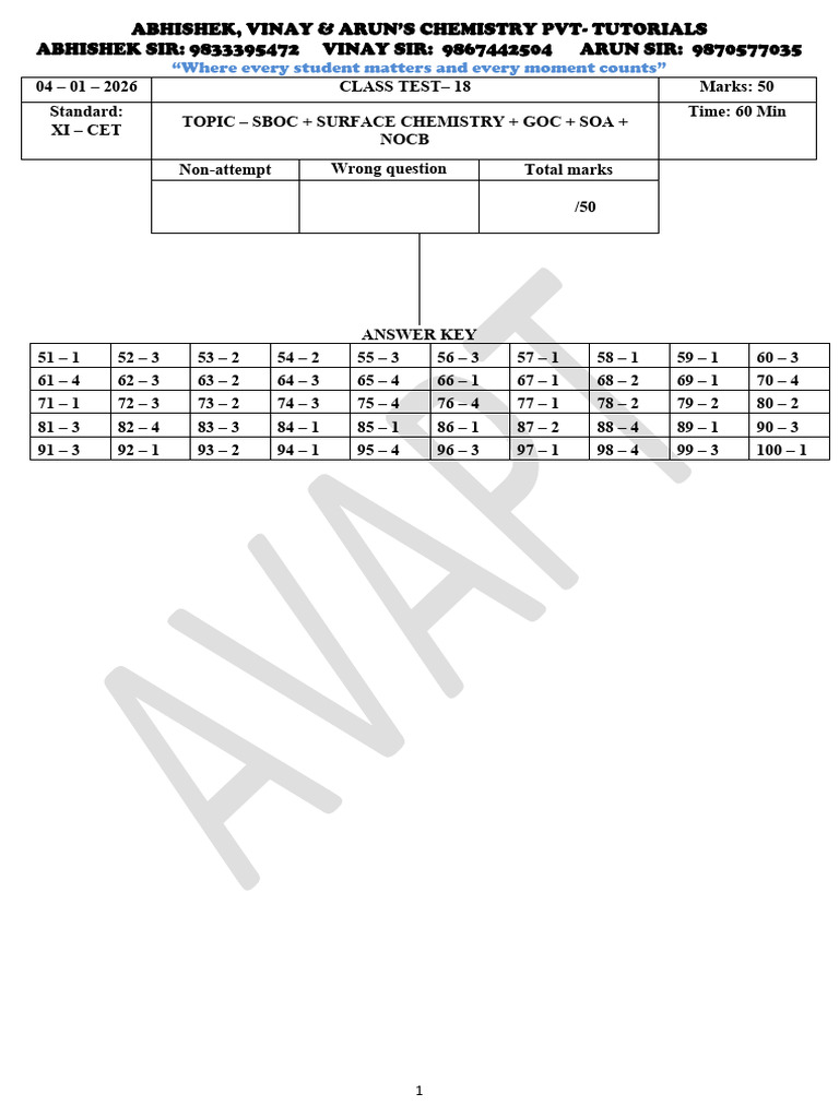 Class XI Chemistry Test Answer Key | PDF
