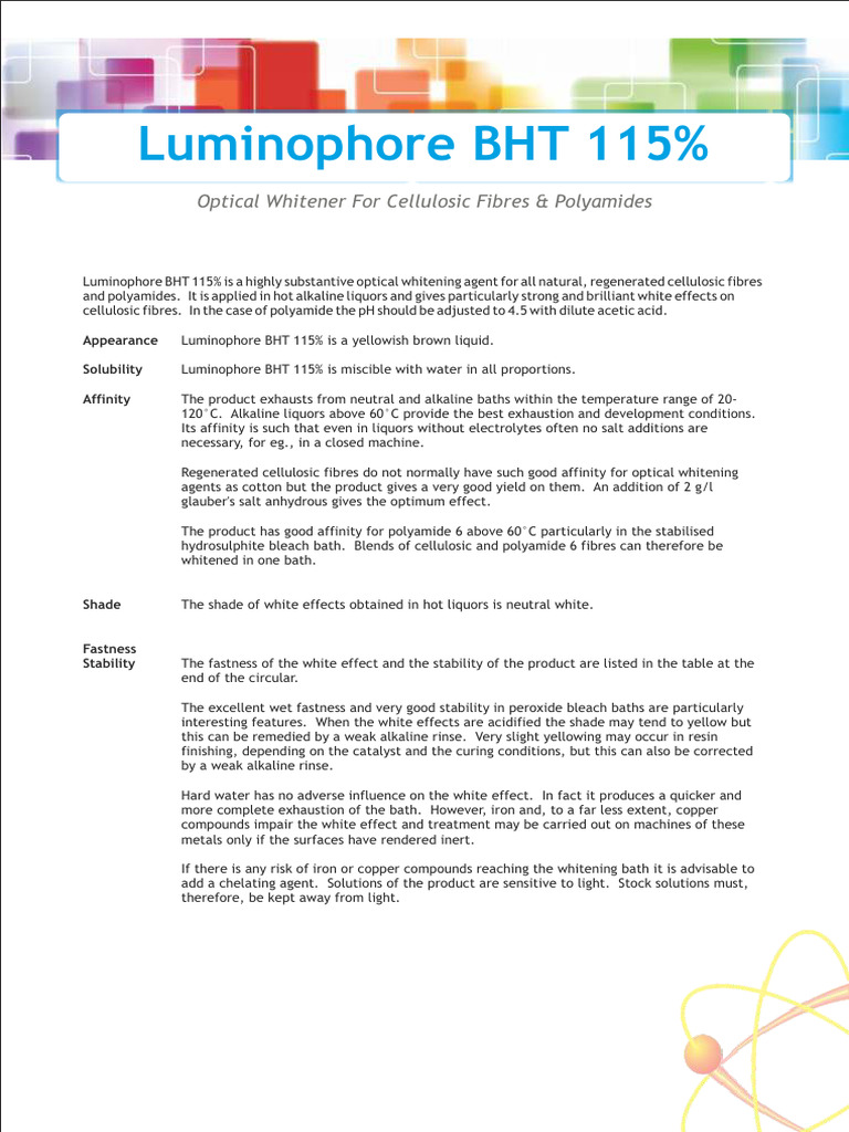 Luminophore BHT 115% Optical Whitener | PDF | Bleach | Hydrogen Peroxide