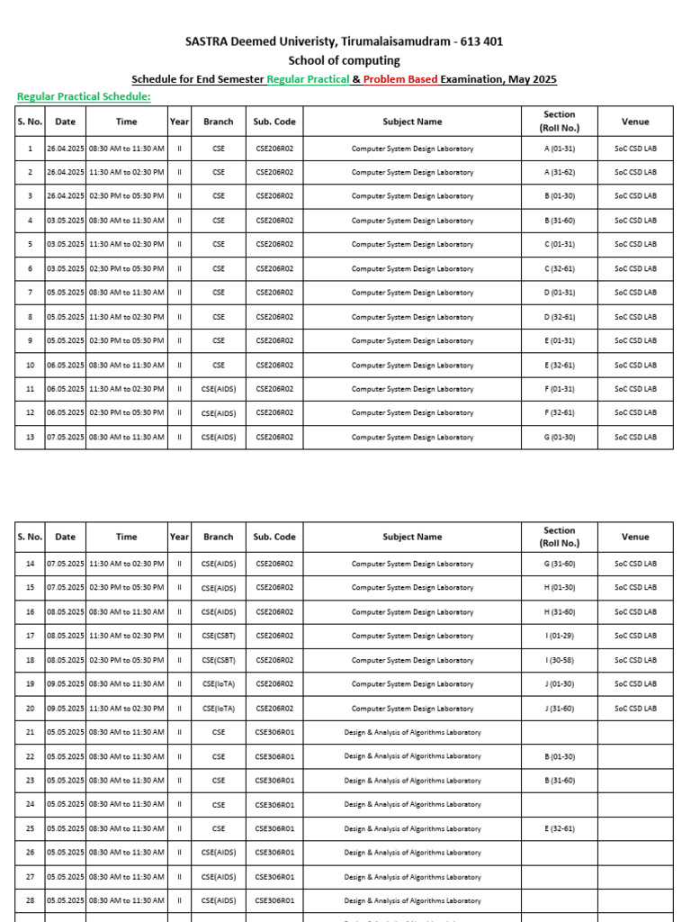 End Semester Practical and Problem Based Exam Schedule - May 2025 | PDF ...