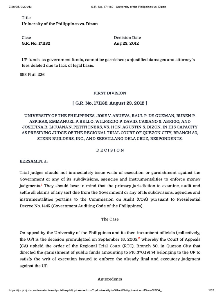 UP vs. Dizon: Garnishment Ruling | PDF | Judgment (Law) | Injunction