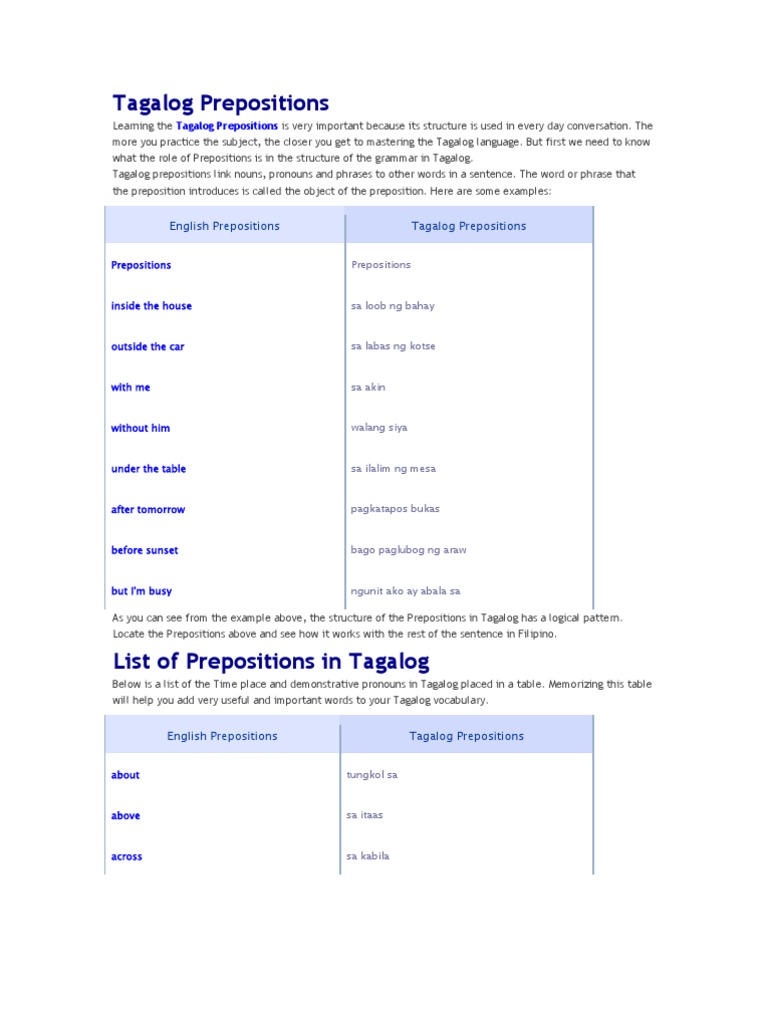 Tagalog Prepositions | PDF