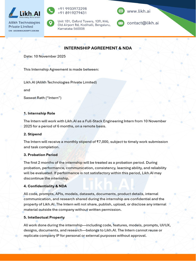 Internship Agreement | PDF