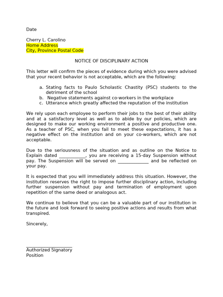 Suspension Letter and Notice to Explain | PDF | Business | Social ...