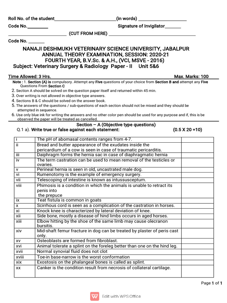 Veterinary Surgery Exam Paper 2020-21 | PDF | Knee | Musculoskeletal System