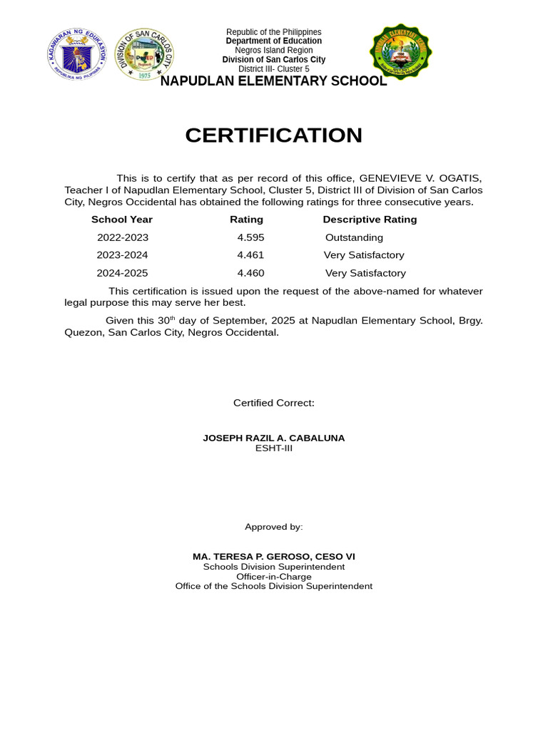 Napudlan Elementary School Performance Certification | PDF
