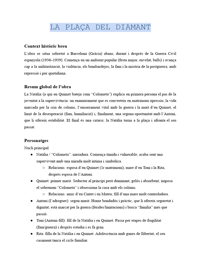 La Plaça Del Diamant Resums | PDF