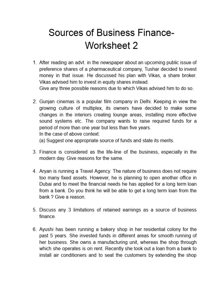 Sources of Business Finance - Worksheet 2 | PDF | Corporations | Business
