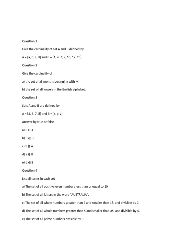 Set Theory Questions and Solutions | PDF | Numbers | Element (Mathematics)