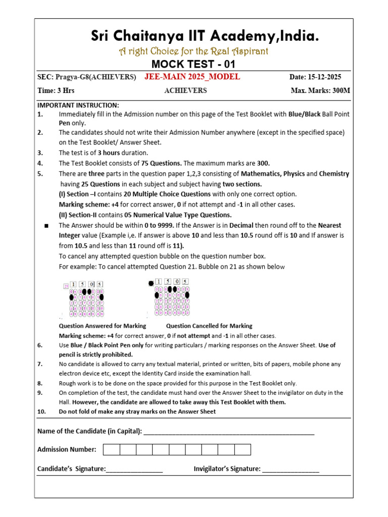 JEE-MAIN 2025 Mock Test 01 Instructions | PDF | Rotation Around A Fixed ...
