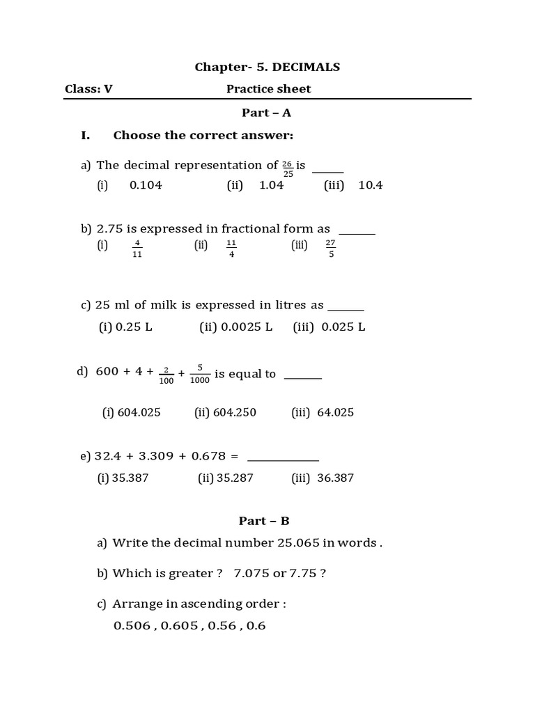 Class V Decimal Practice Sheet | PDF