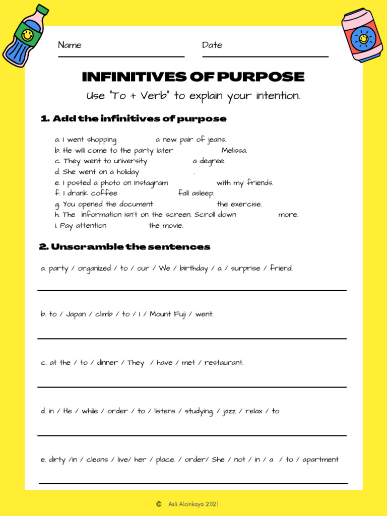 Inifinitives of Purpose Worksheet | PDF