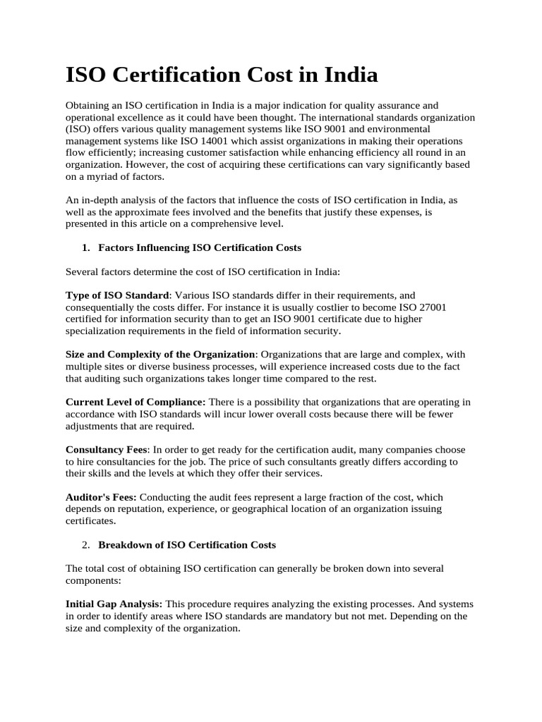 ISO Certification Cost in India | PDF | Audit | Certification