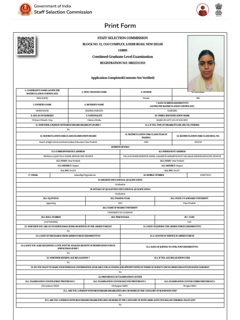 SSC Application Form for Nida Rafiq | PDF