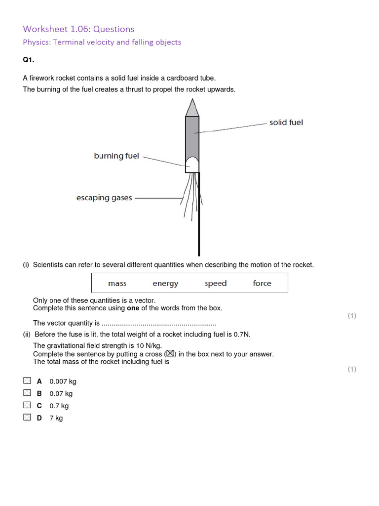 Terminal Velocity and Falling Objects Worksheet | PDF | Force | Mass