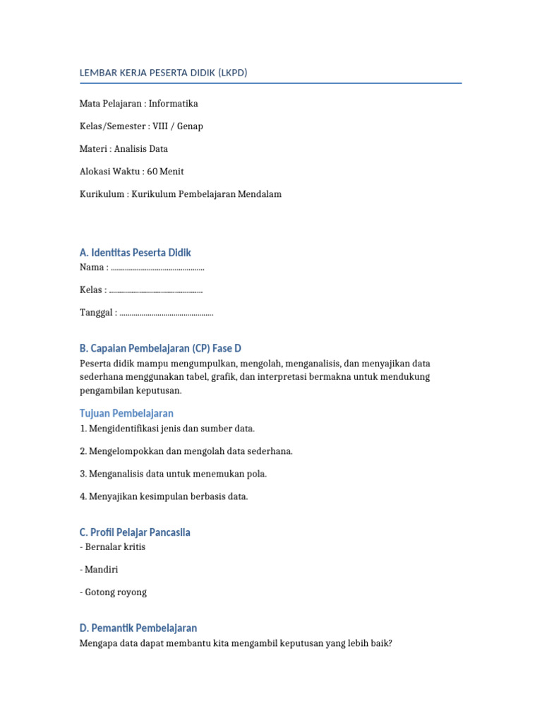 LKPD Informatika Kelas VIII Analisis Data | PDF