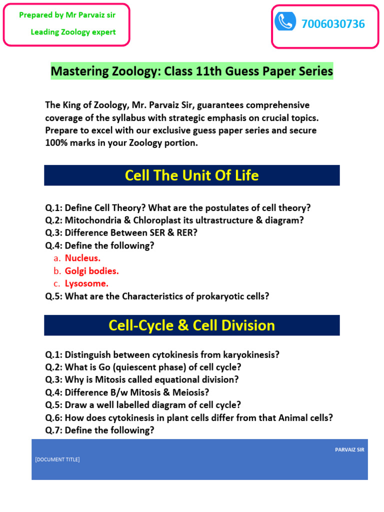 Class 11 Zoology Guess Paper Guide | PDF | Mitosis | Cell (Biology)