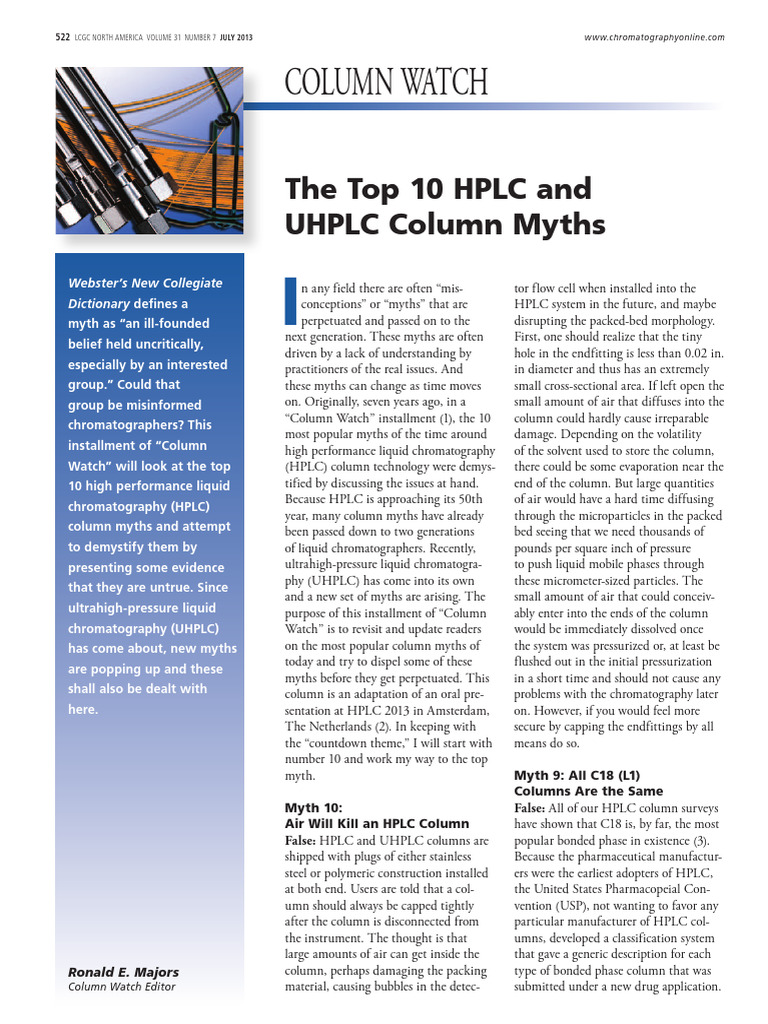 Column Watch - The Top 10 HPLC and UHPLC Column Myths | PDF | High ...