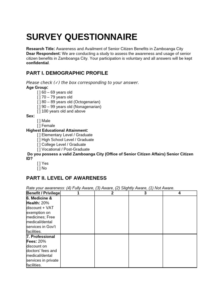 Survey Questionnaire - 25-Item Awareness & Availmen... | PDF