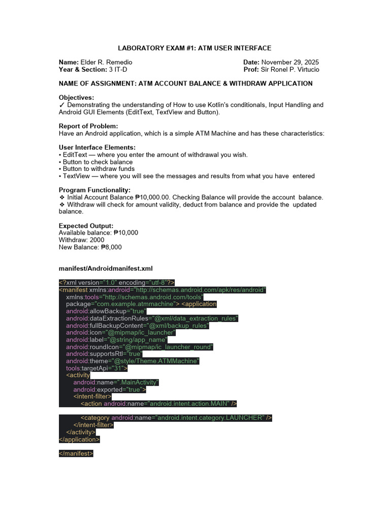 Remedio - Itew3 Finals Laboratory Exam #1 - Atm User Interface | PDF ...