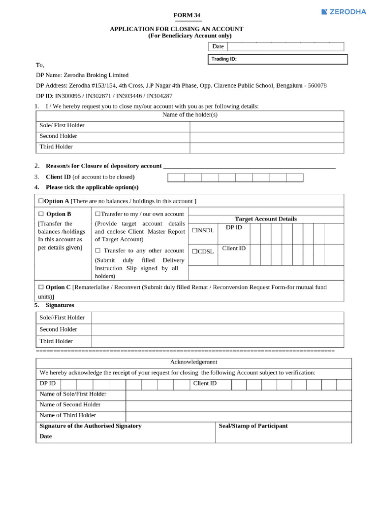 Zerodha Account Closure Form (NSDL) | PDF
