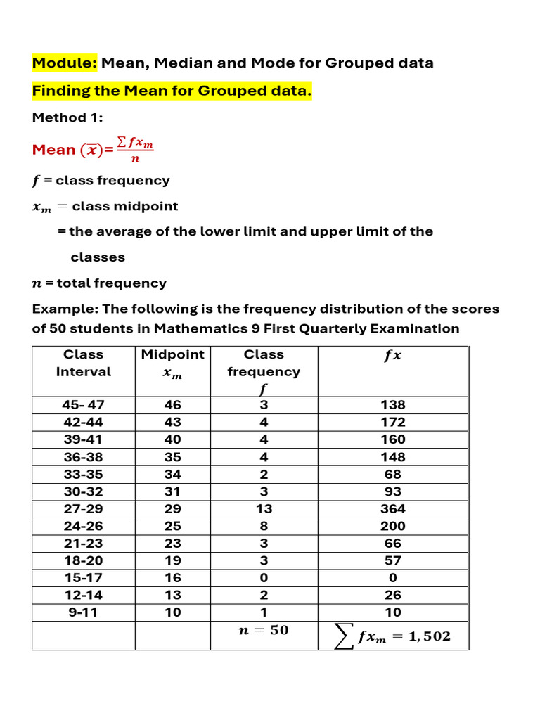 Mean, Median, Mode for Grouped Data | PDF | Mathematics | Mathematical ...