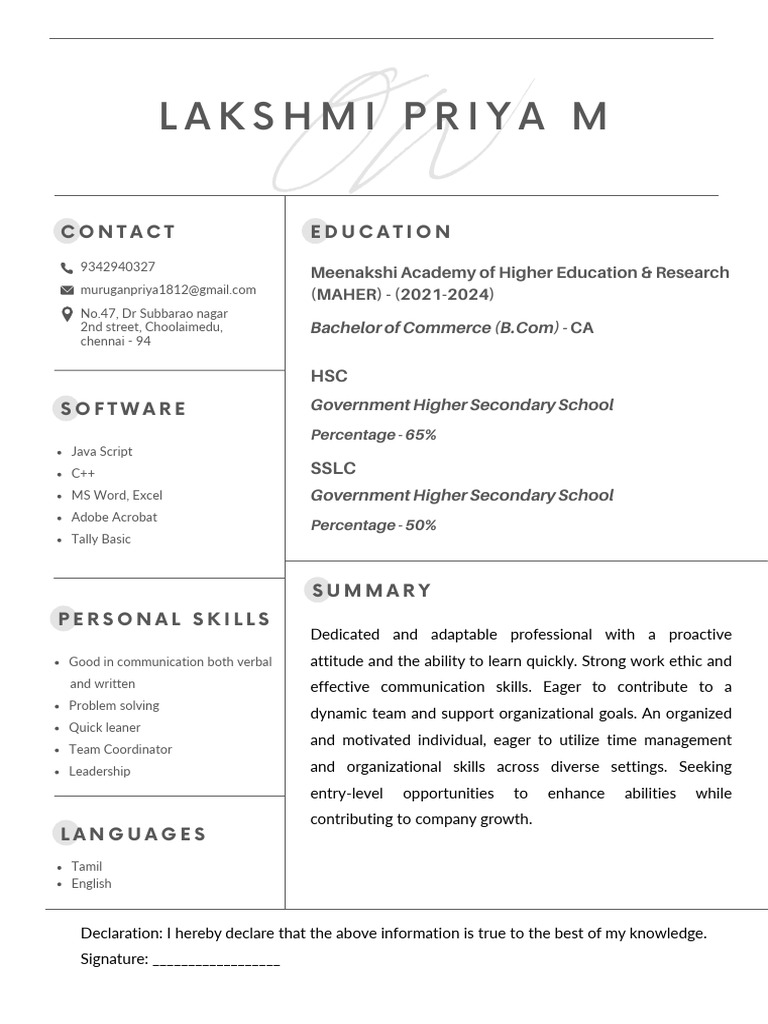 Entry-Level Resume of Lakshmi Priya M | PDF