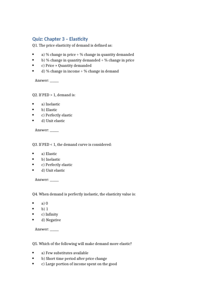 Elasticity Quiz: Demand & Supply Concepts | PDF | Demand | Price ...
