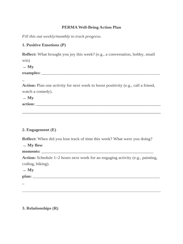 PERMA Well-Being Action Plan Template | PDF