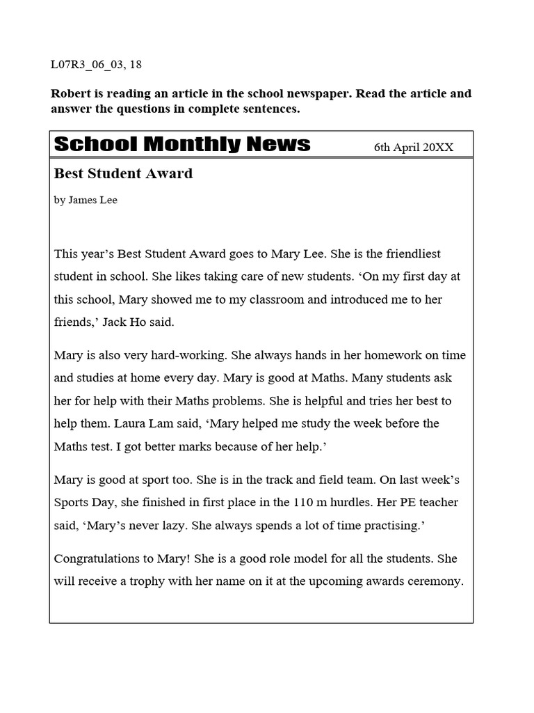School Monthly News: Best Student Award | PDF