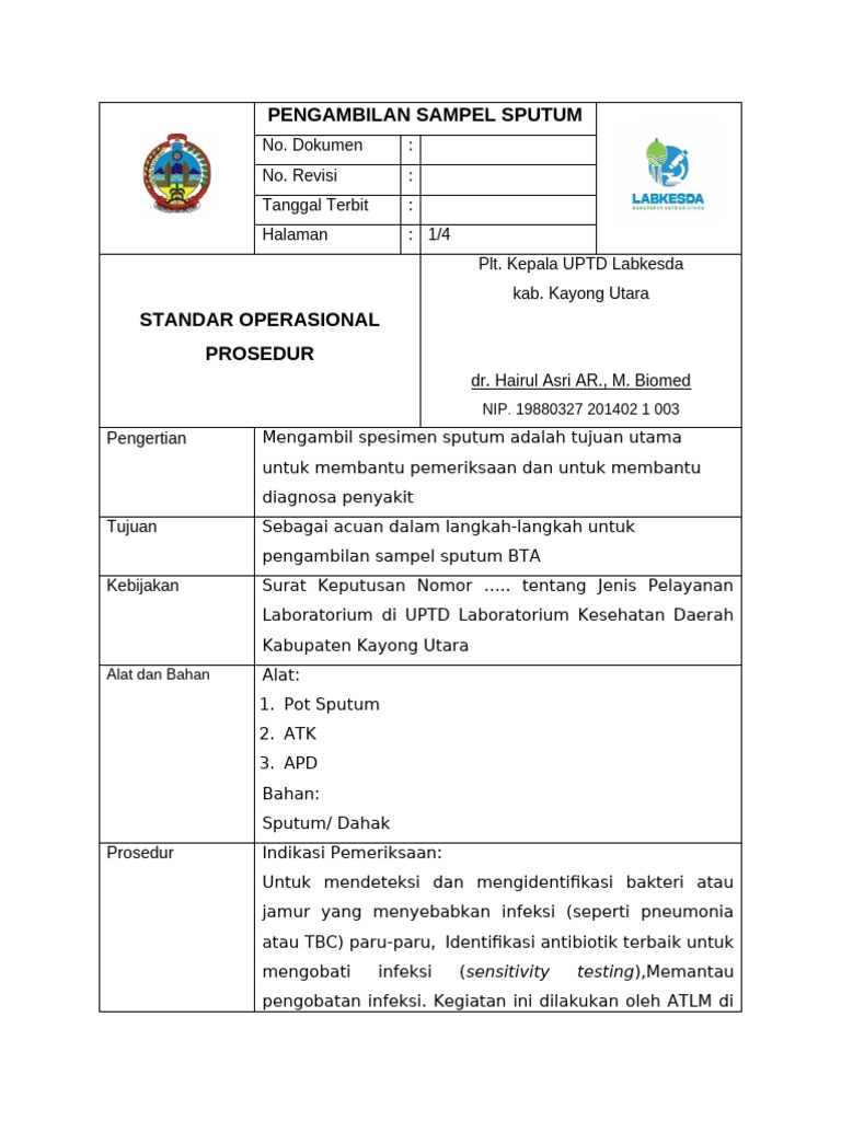 Sop Pengambilan Sampel Sputum | PDF
