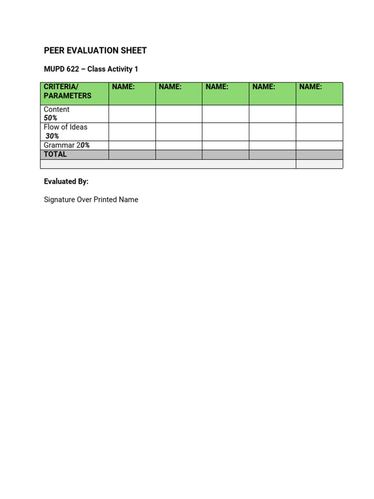 Peer Evaluation Sheet | PDF