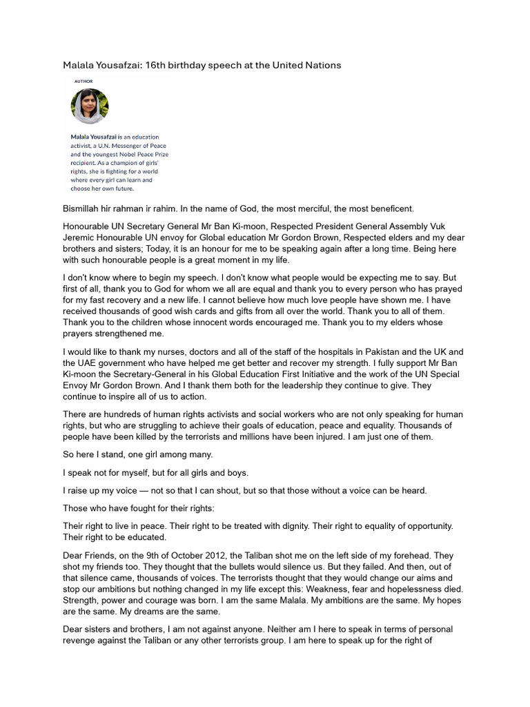 Malala's UN Speech on Education Rights | PDF | Malala Yousafzai ...