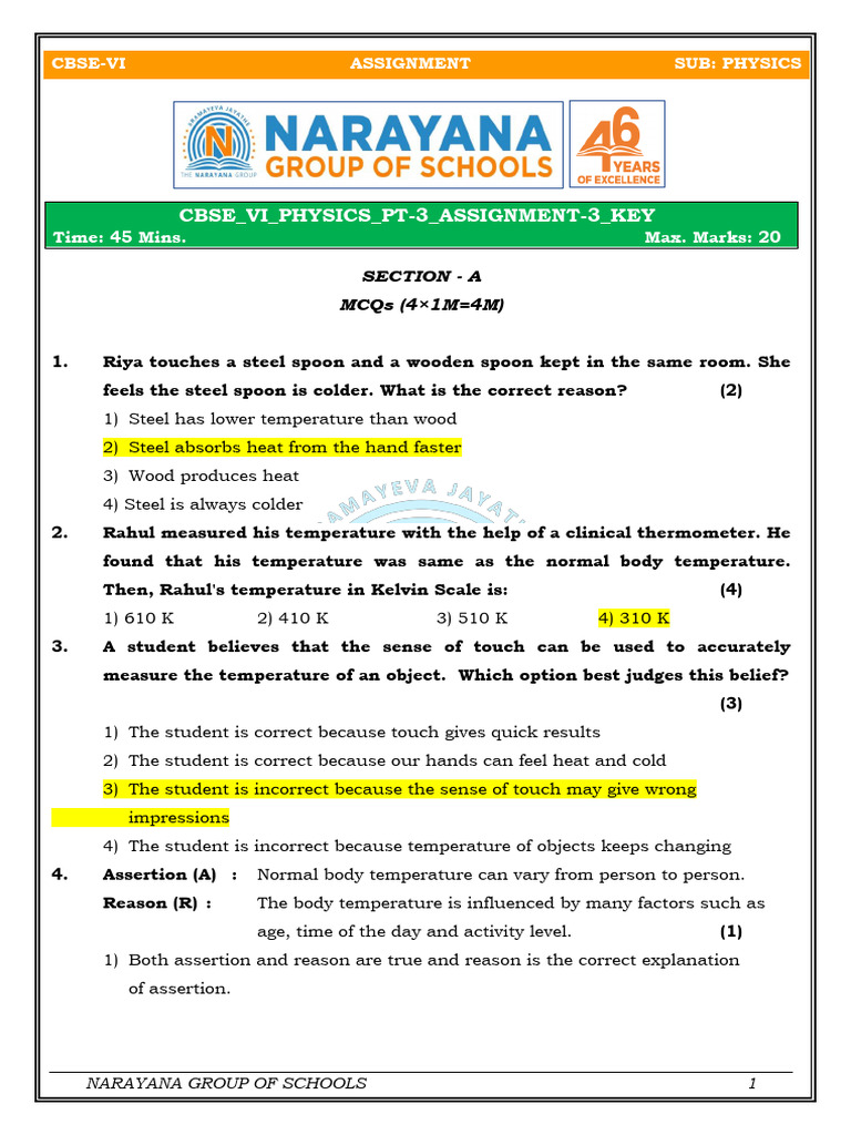 Cbse Vi Physics Pt-3 Assignment-3 2025 Key-1 | PDF | Thermometer ...