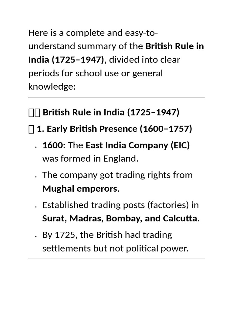 British Rule in India: 1725-1947 Summary | PDF | British Raj | Indian ...