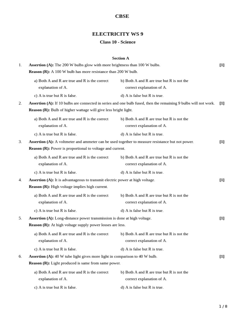 CBSE Class 10 Electricity Worksheet | PDF | Electric Power | Watt