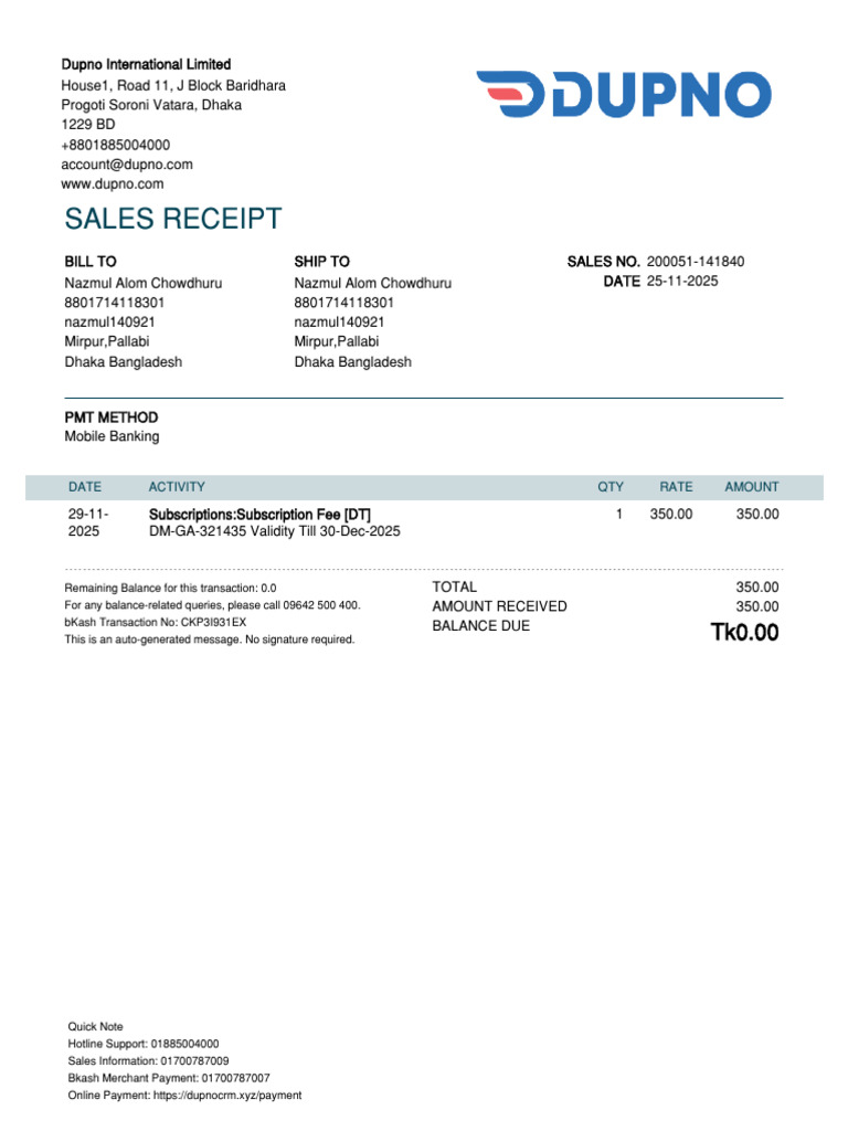 Sales Receipt for Subscription Payment | PDF