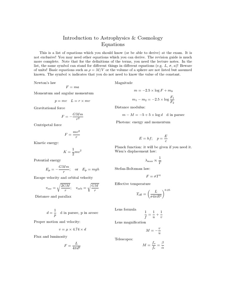 Introduction To Astrophysics & Cosmology Equations | PDF | Force | Momentum