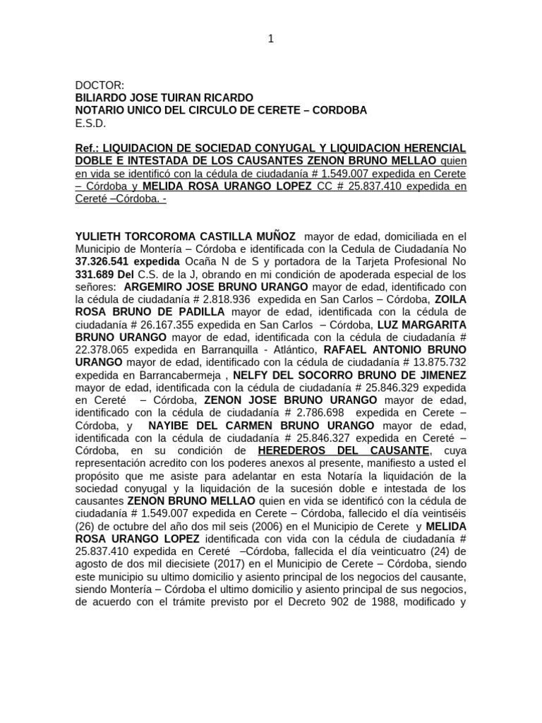 Sucesion Doble e Intestada de Los Causante Zenon Bruno Mellao y Melida ...