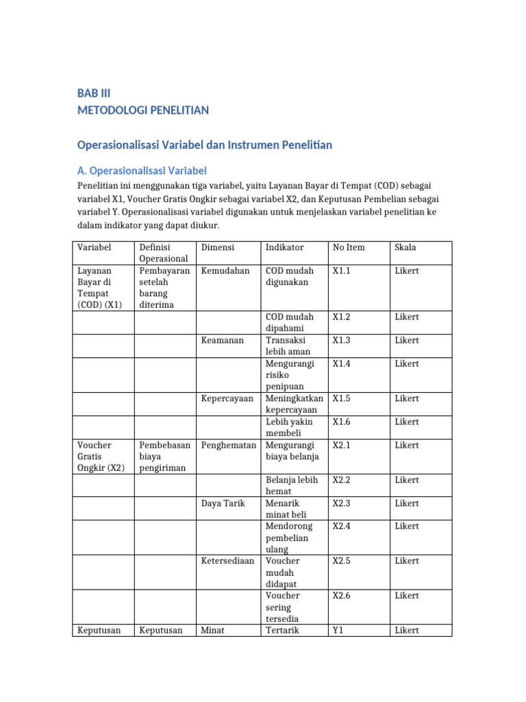 Operasionalisasi Variabel Dan Instrumen Penelitian Tito | PDF