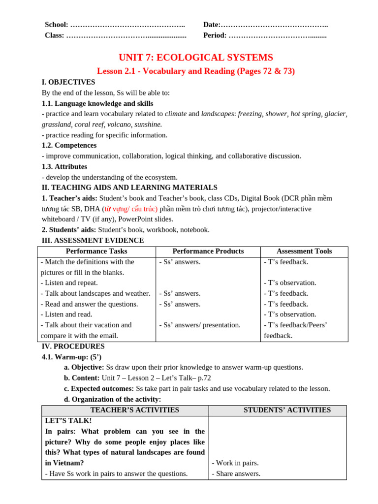 Unit 7 - Lesson 2.1 - Vocab & Reading - Pages 72 & 73 | PDF | Teachers ...