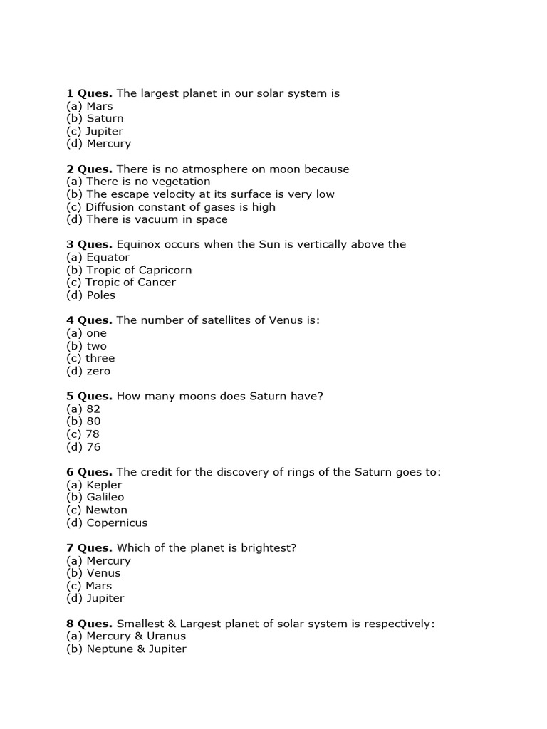 Solar System Quiz: Questions & Answers | PDF | Planets | Jupiter
