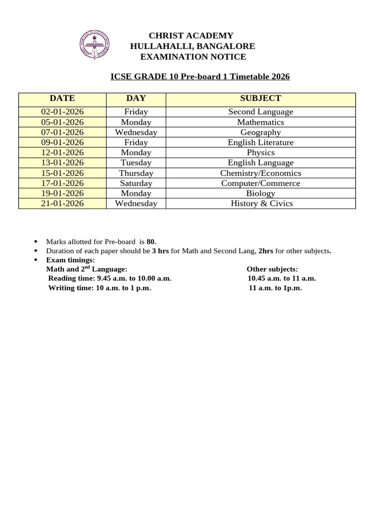 ICSE Grade 10 Pre-board 1 Timetable 2026 | PDF