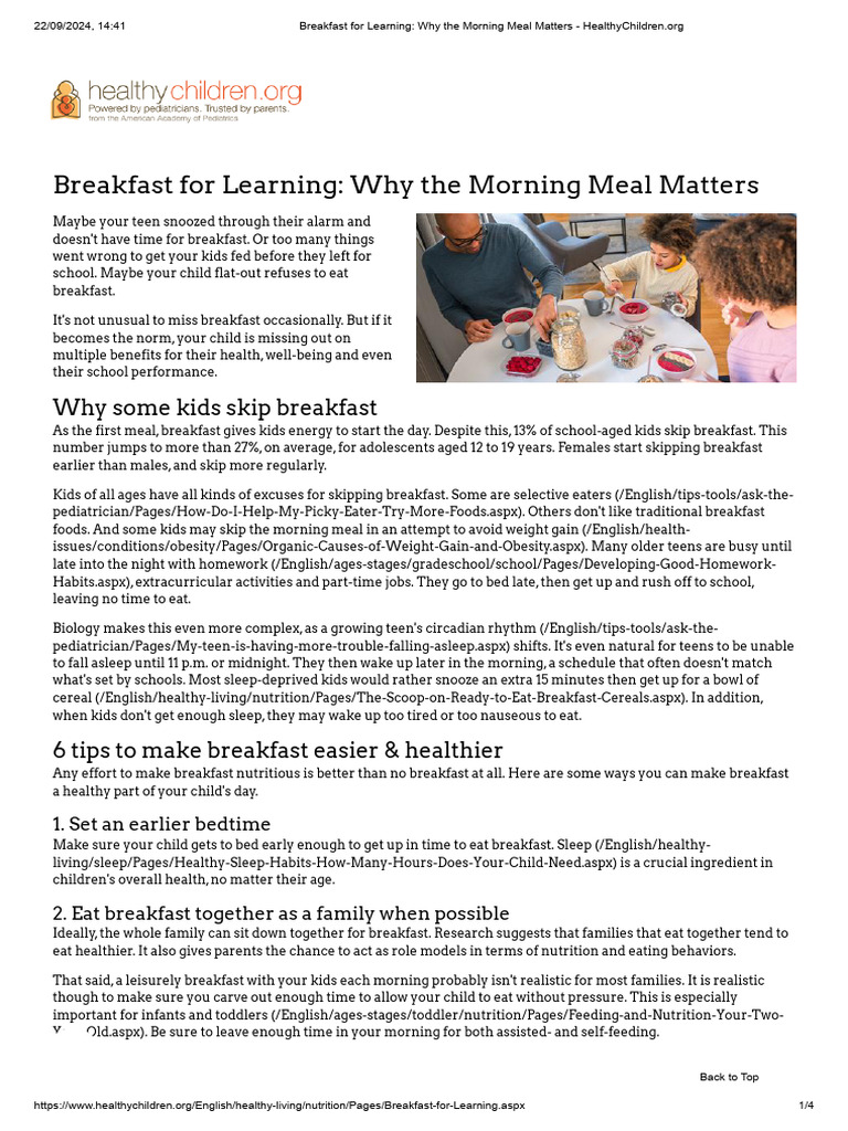 Importance of Breakfast for Teens | PDF | Obesity | Foods